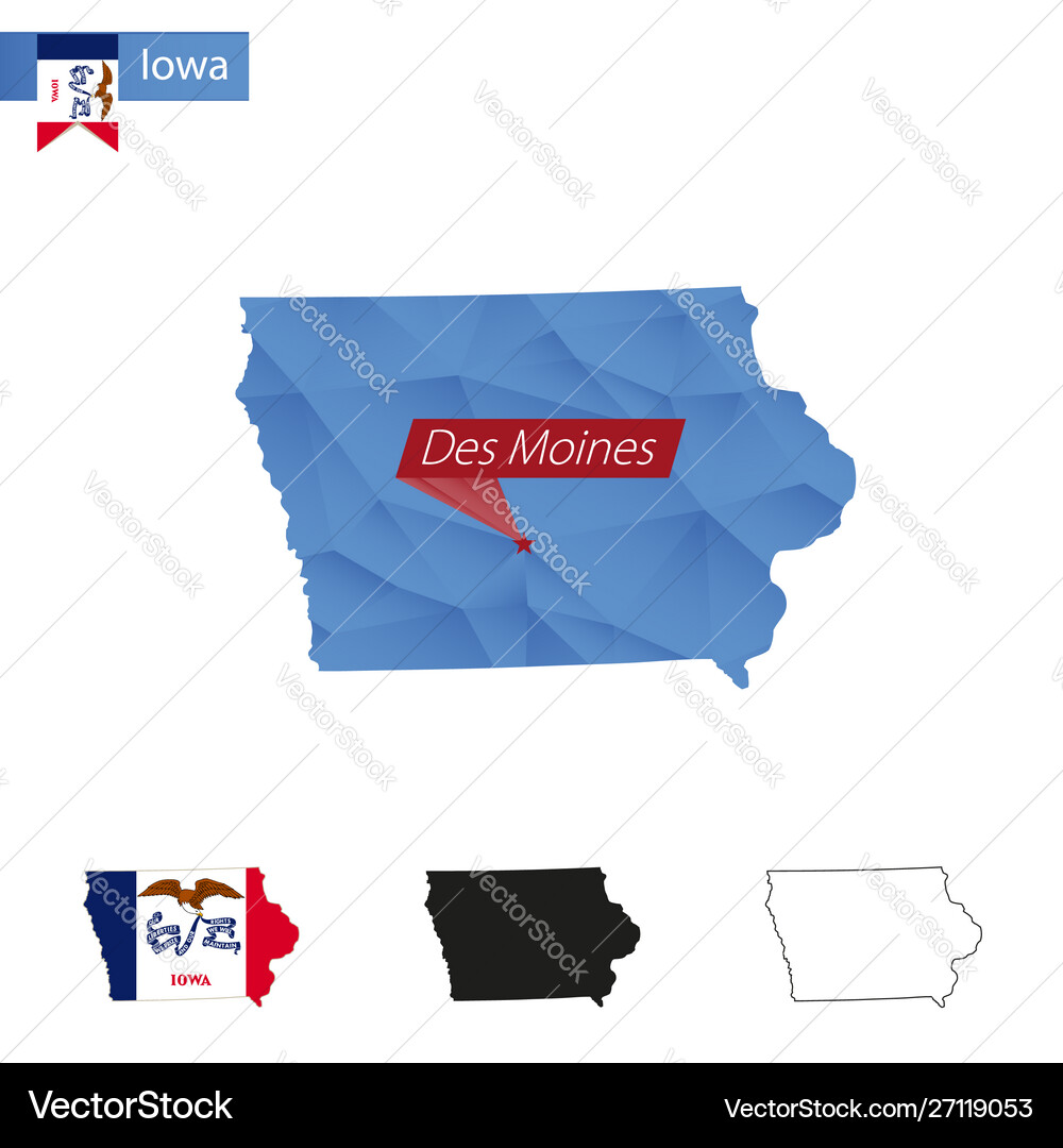 State iowa blue low poly map with capital des Vector Image