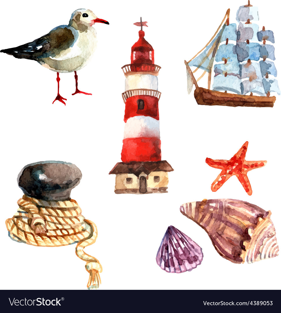 Watercolor nautical set Royalty Free Vector Image Watercolor nautical set Royalty Free Vector Image