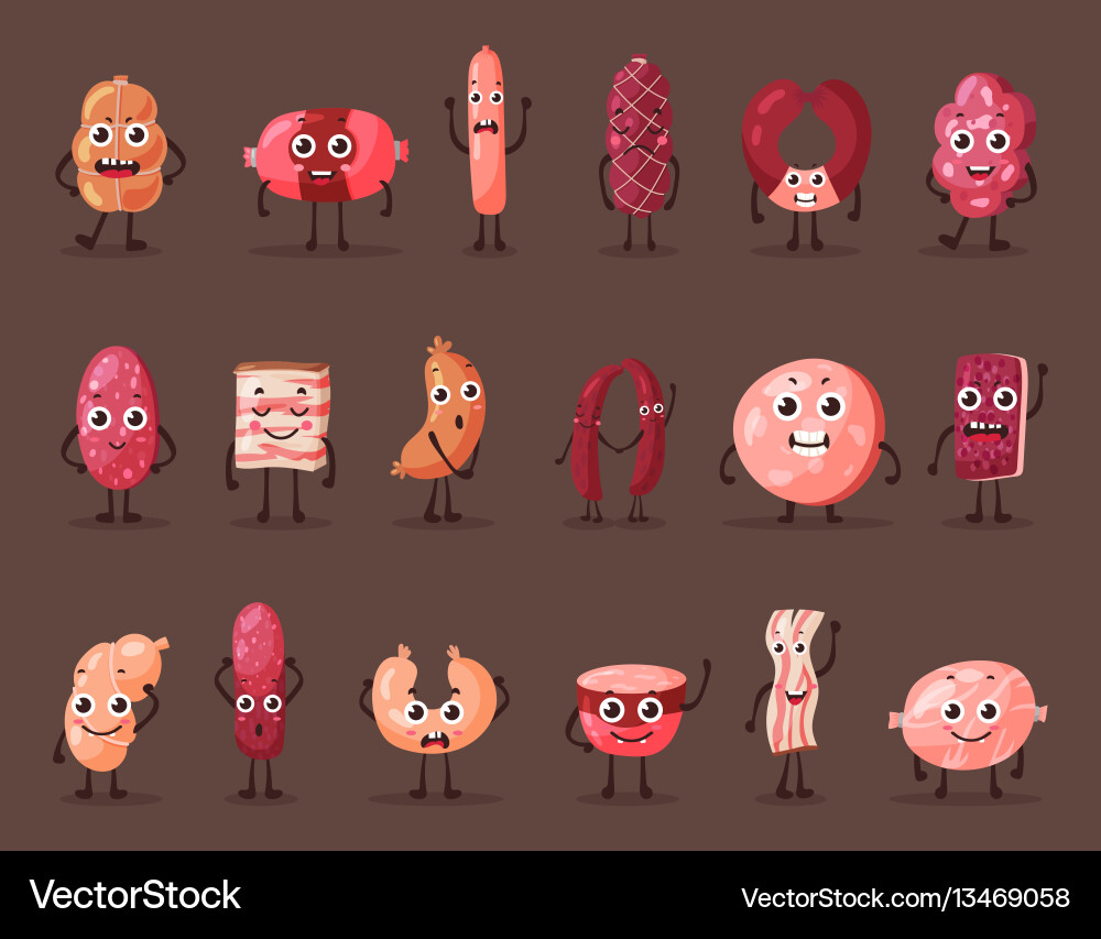 Sausage and wurst smiling meat characters Vector Image
