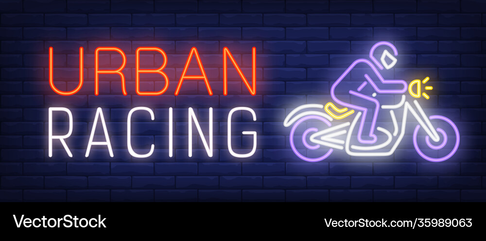 Urban racing neon text with biker riding Vector Image