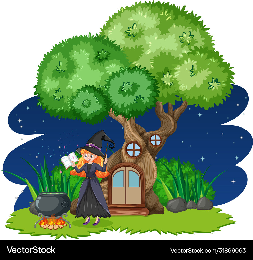 Witch standing beside tree house cartoon style Vector Image