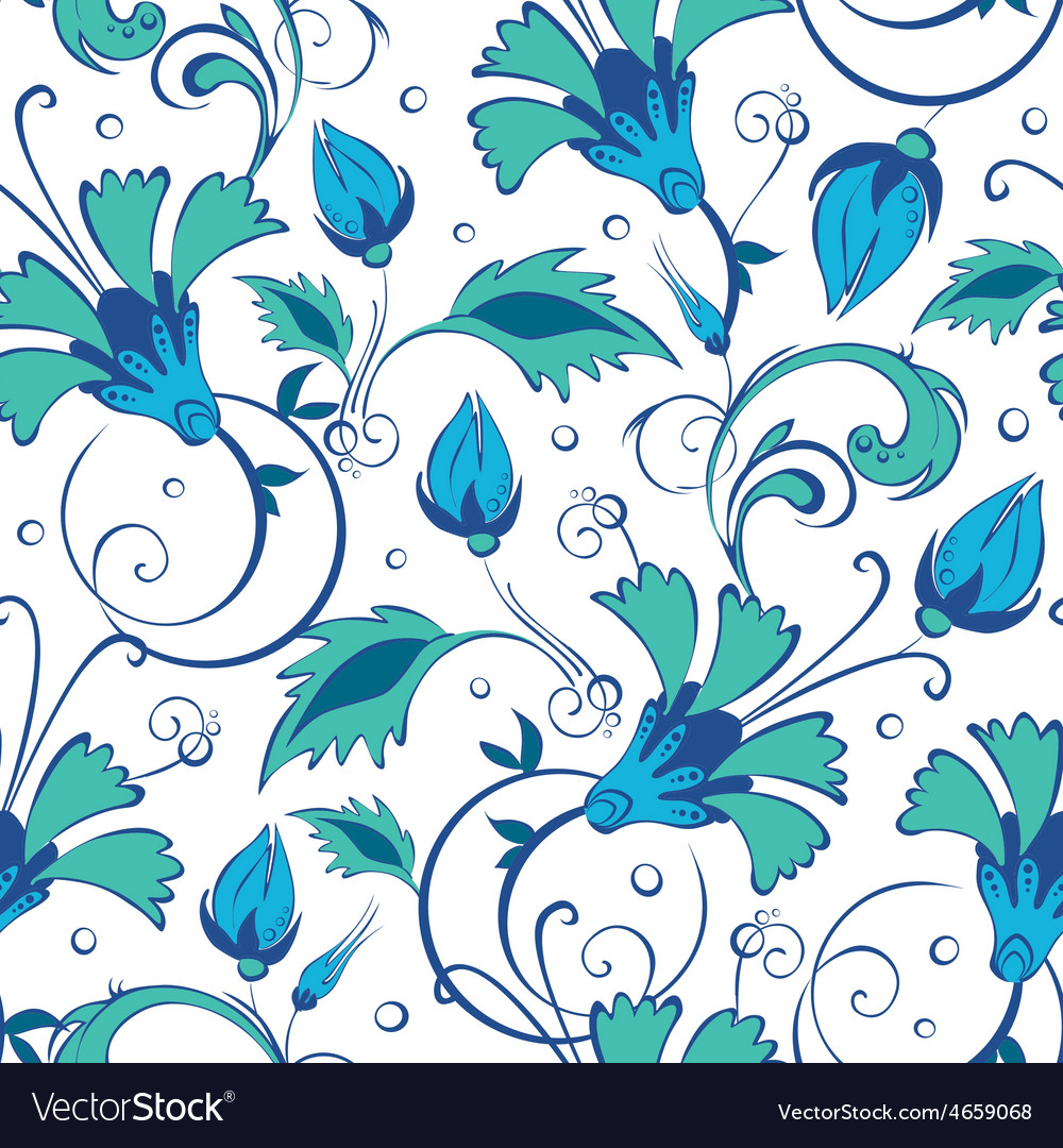 Blue green swirly flowers seamless pattern Vector Image