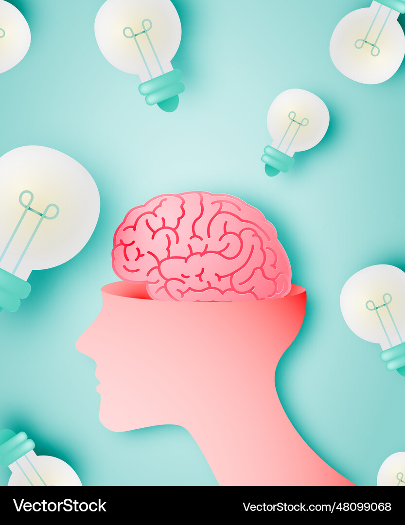 Brain with idea concept in paper art style Vector Image