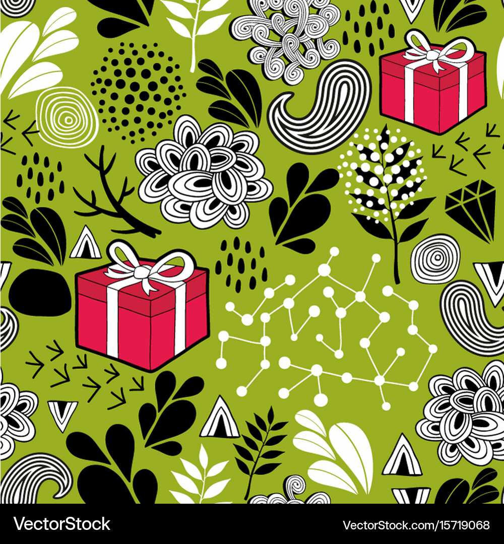 Seamless wallpaper with gift boxes on the green Vector Image