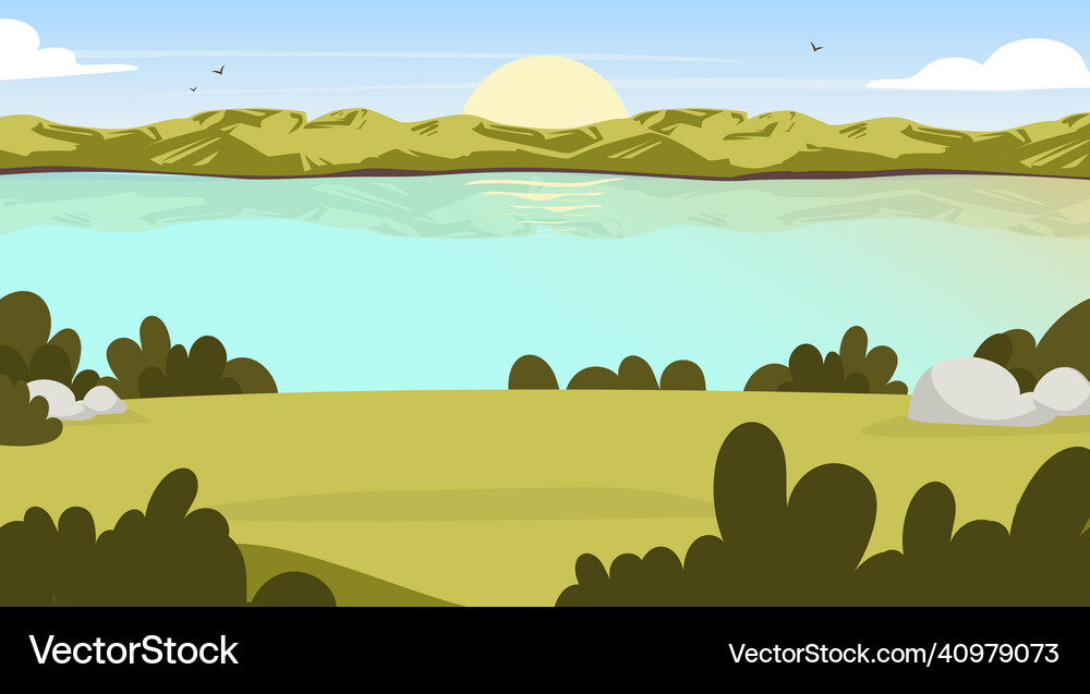 Field view flat sunrise in valley water stream Vector Image