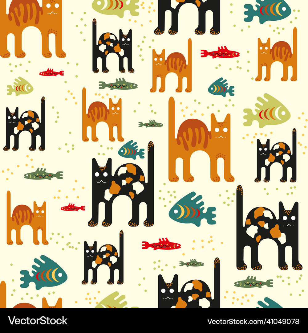 Seamless pattern with cats and fish in ethnic styl