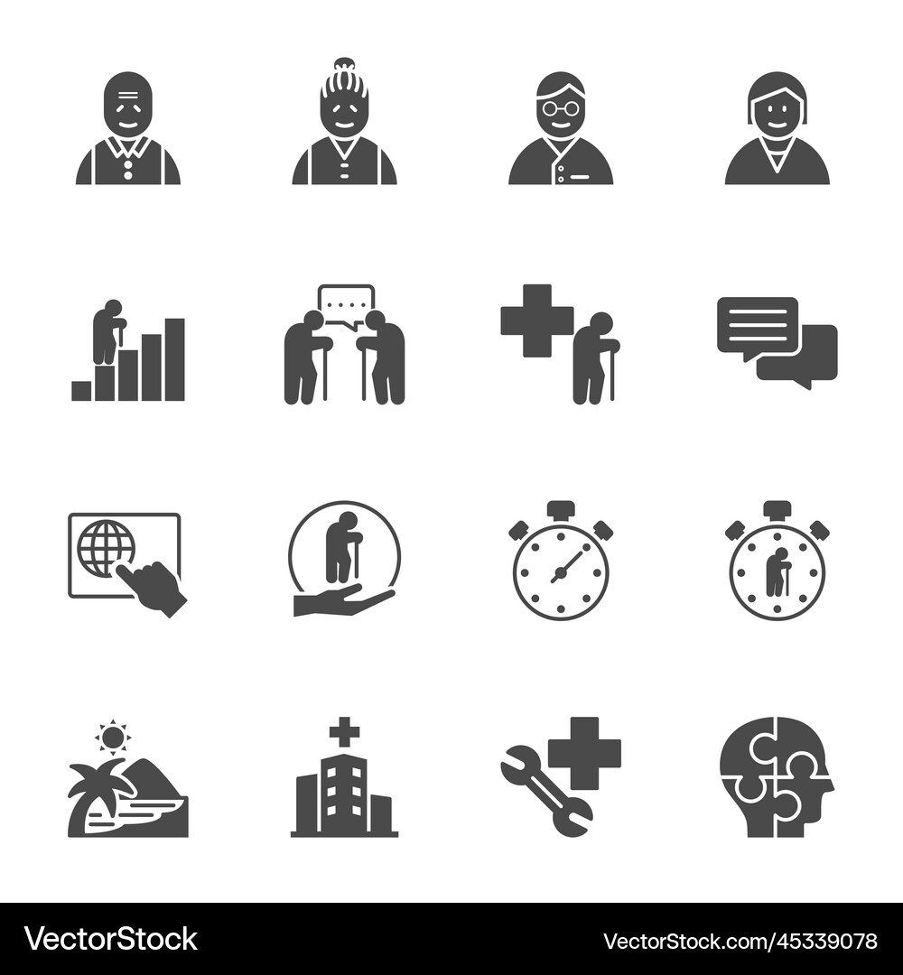 Seniors solid icons aging society concept line Vector Image