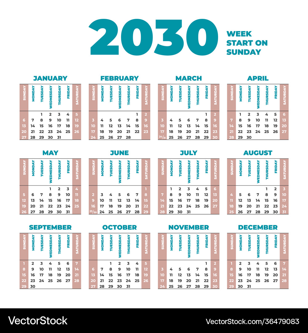 2030 calendar template with weeks start on sunday Vector Image