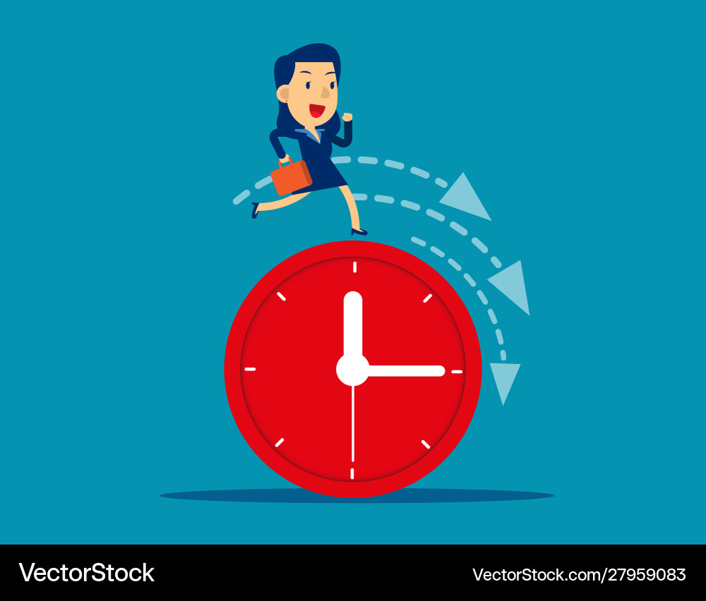 Businesswoman running on clock representing Vector Image