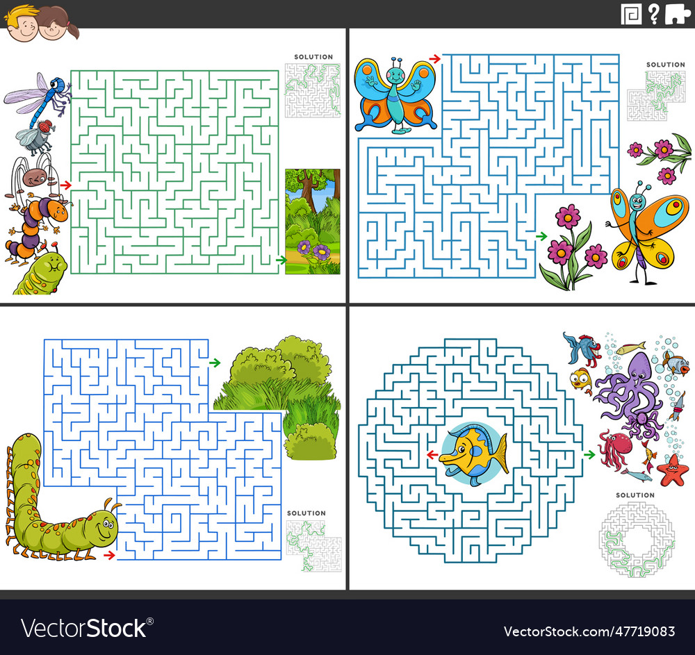 Maze activities set with cartoon insects Vector Image