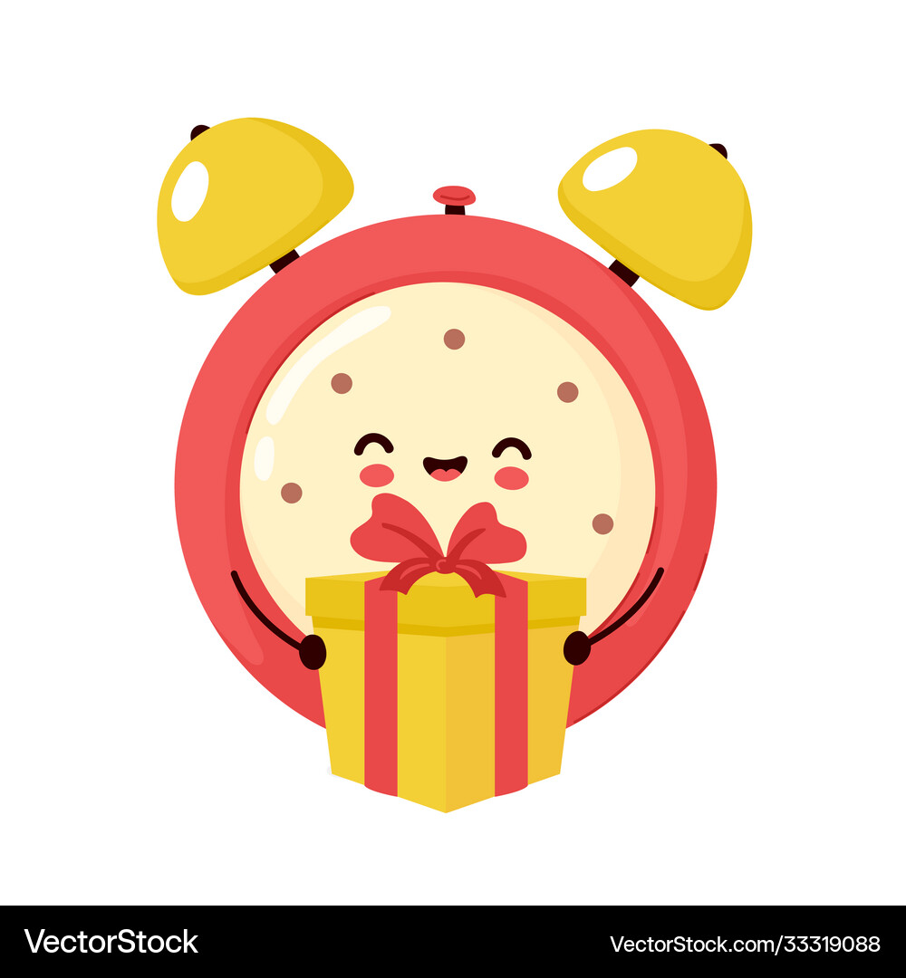 Cute happy alarm clock character with gift box Vector Image