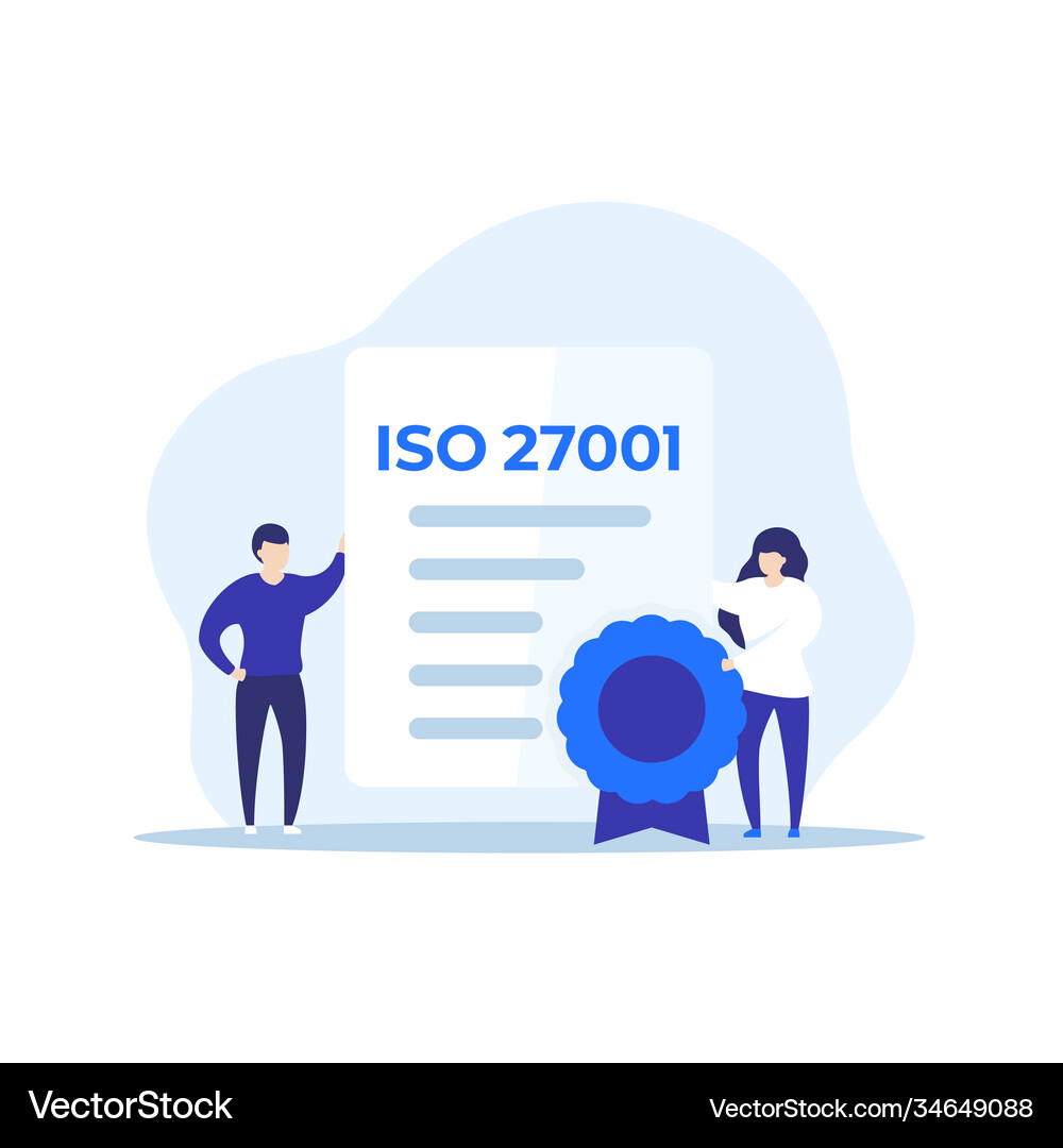 Iso 27001 certificate and people Royalty Free Vector Image