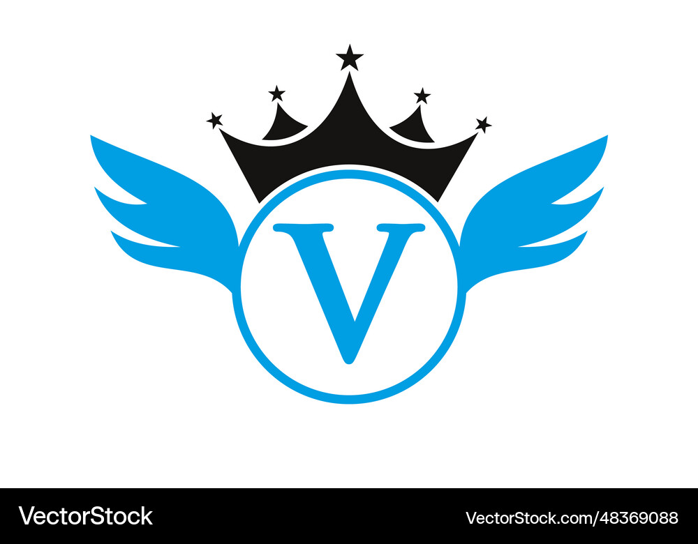 Wing logo on letter v concept with crown icon Vector Image