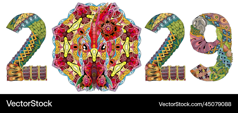 Zentangle stylized rooster number 2029 hand drawn Vector Image