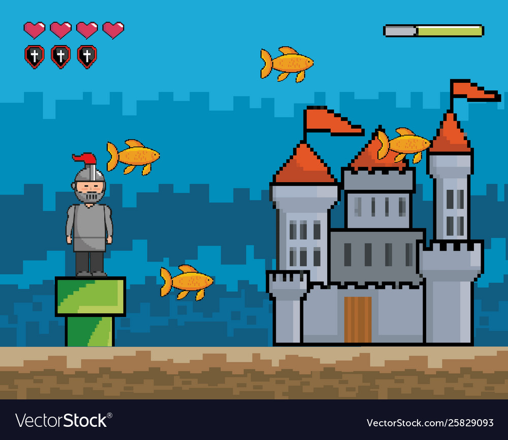 Arcade game world and pixel scene design Vector Image