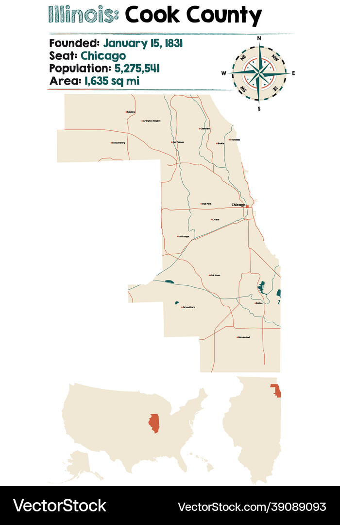 Map of cook county in illinois Royalty Free Vector Image