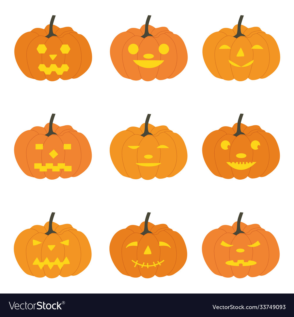 Set halloween pumpkins funny faces autumn Vector Image