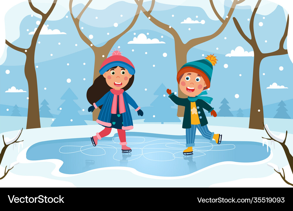 Two young children skating on a rink Royalty Free Vector