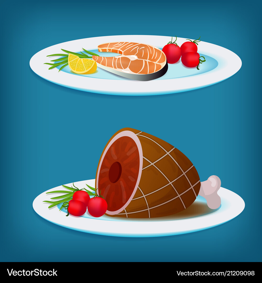 Plates with grilled fish meat and vegetables Vector Image