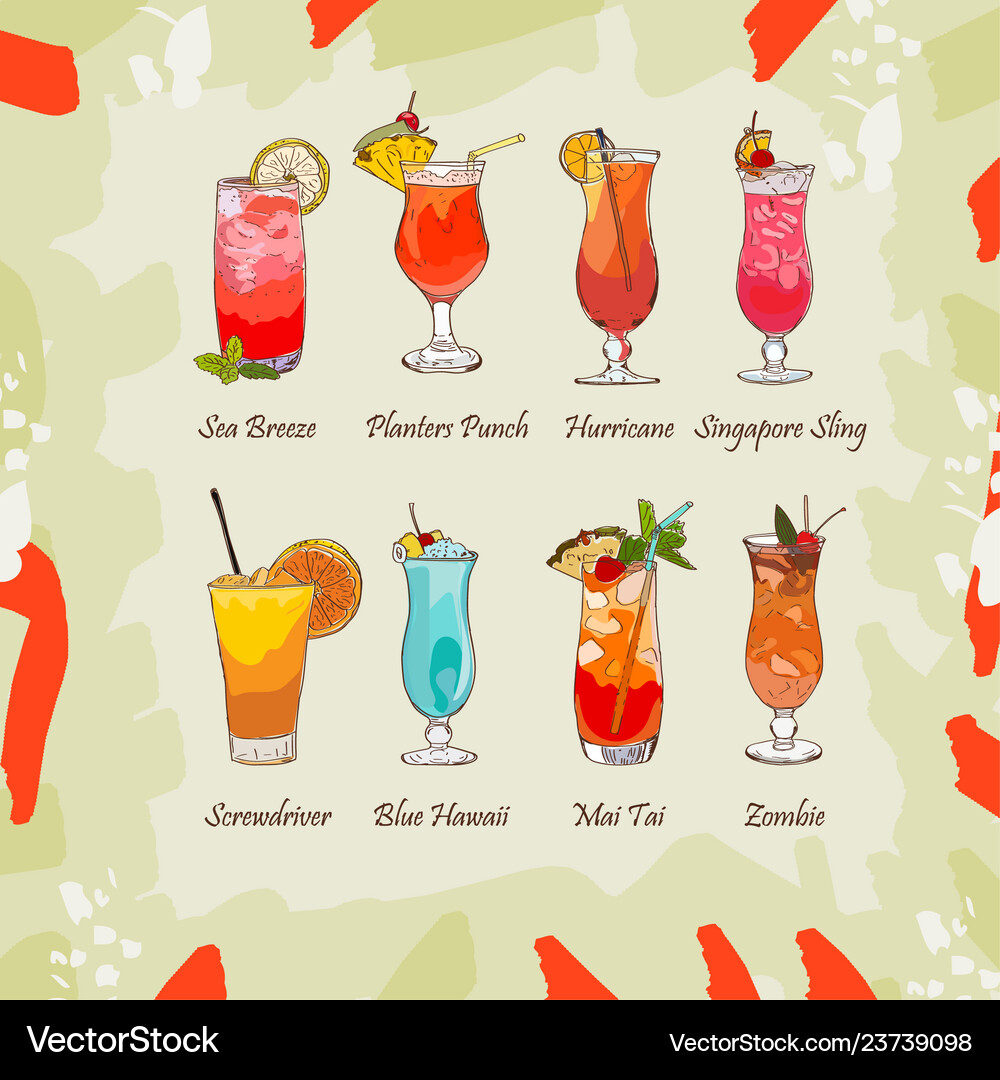 Set classic tropical cocktails on abstract Vector Image