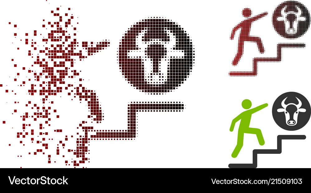 Dissolving pixel halftone person climbing to cow Vector Image