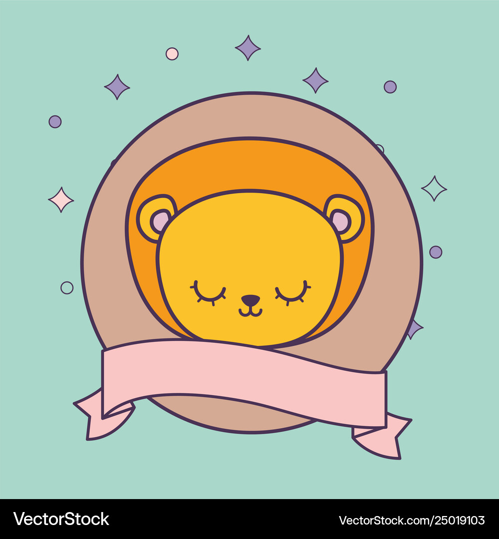 Head cute lion in frame circular with ribbon Vector Image