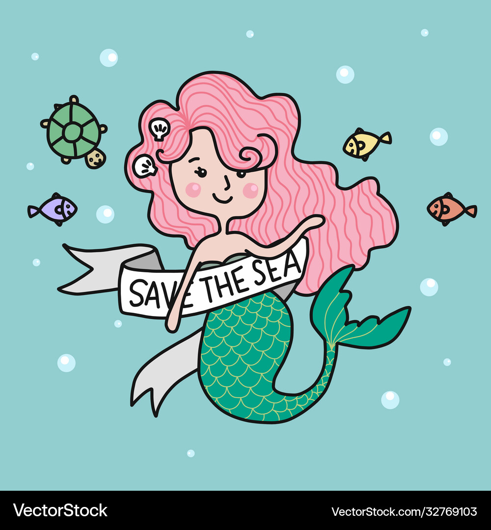 Mermaid save sea cartoon Royalty Free Vector Image