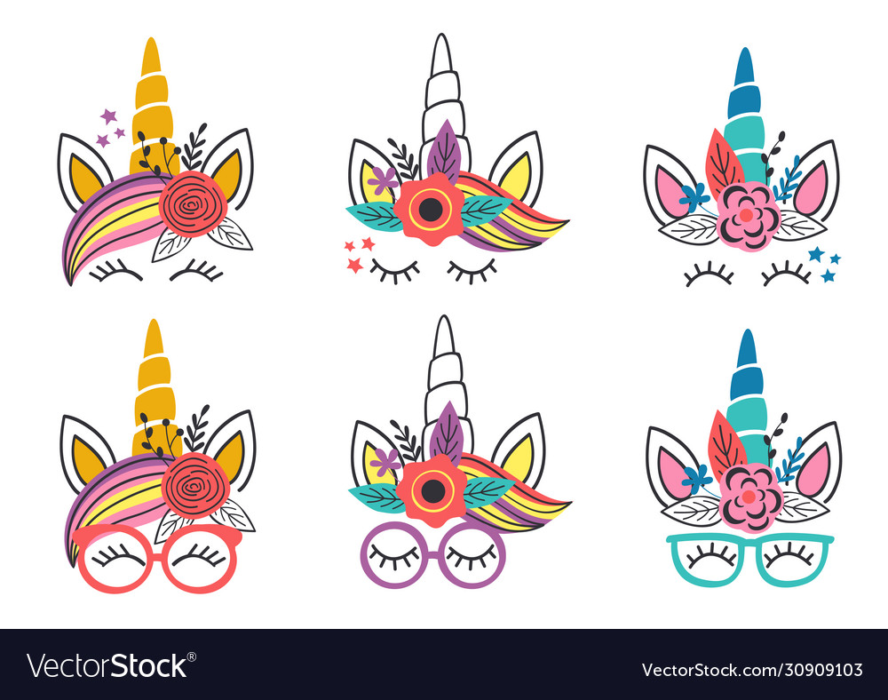 Set isolated cute unicorn faces Royalty Free Vector Image
