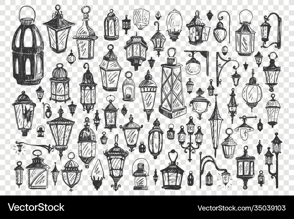 Street lamps doodle set collection Royalty Free Vector Image