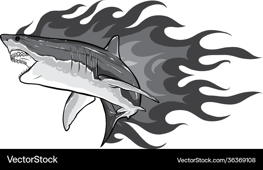 Monochromatic shark with flames for tattoo Vector Image