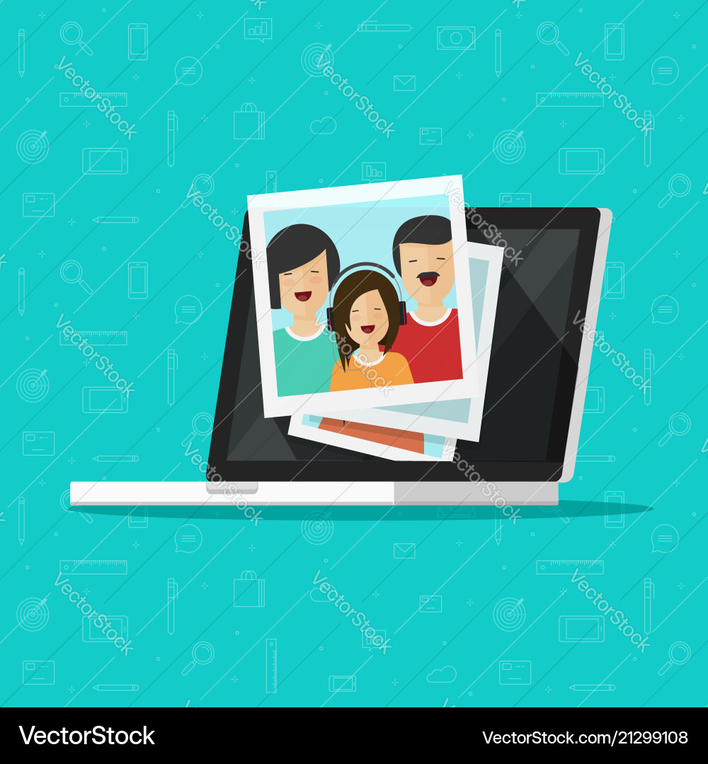 Photos on laptop computer screen Royalty Free Vector Image