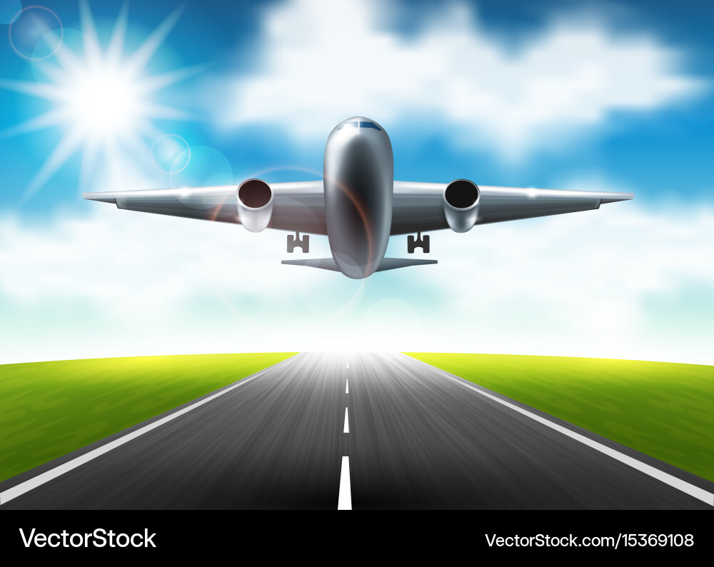 The airplane flying over the runway Royalty Free Vector