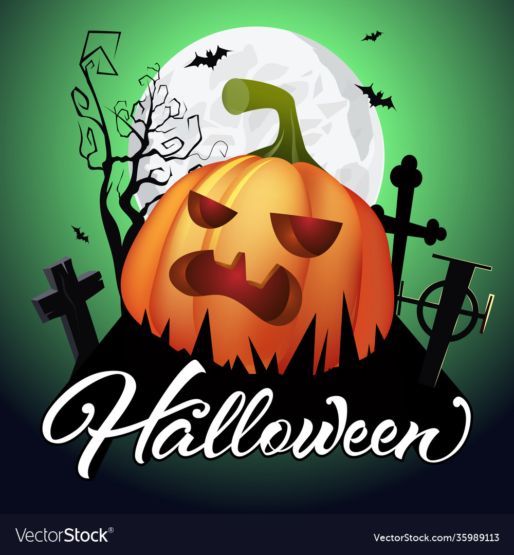 Halloween lettering pumpkin on graveyard bats Vector Image Halloween lettering pumpkin on graveyard bats Vector Image