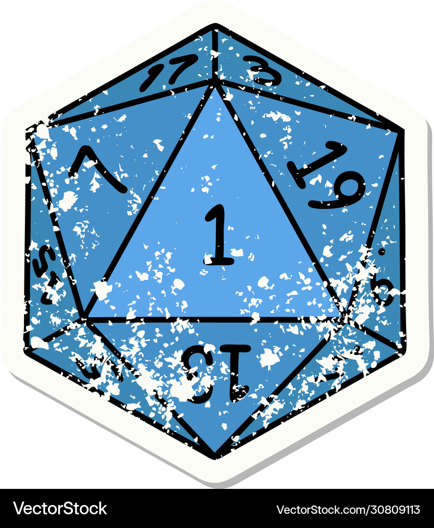Natural 1 d20 dice roll grunge sticker Royalty Free Vector