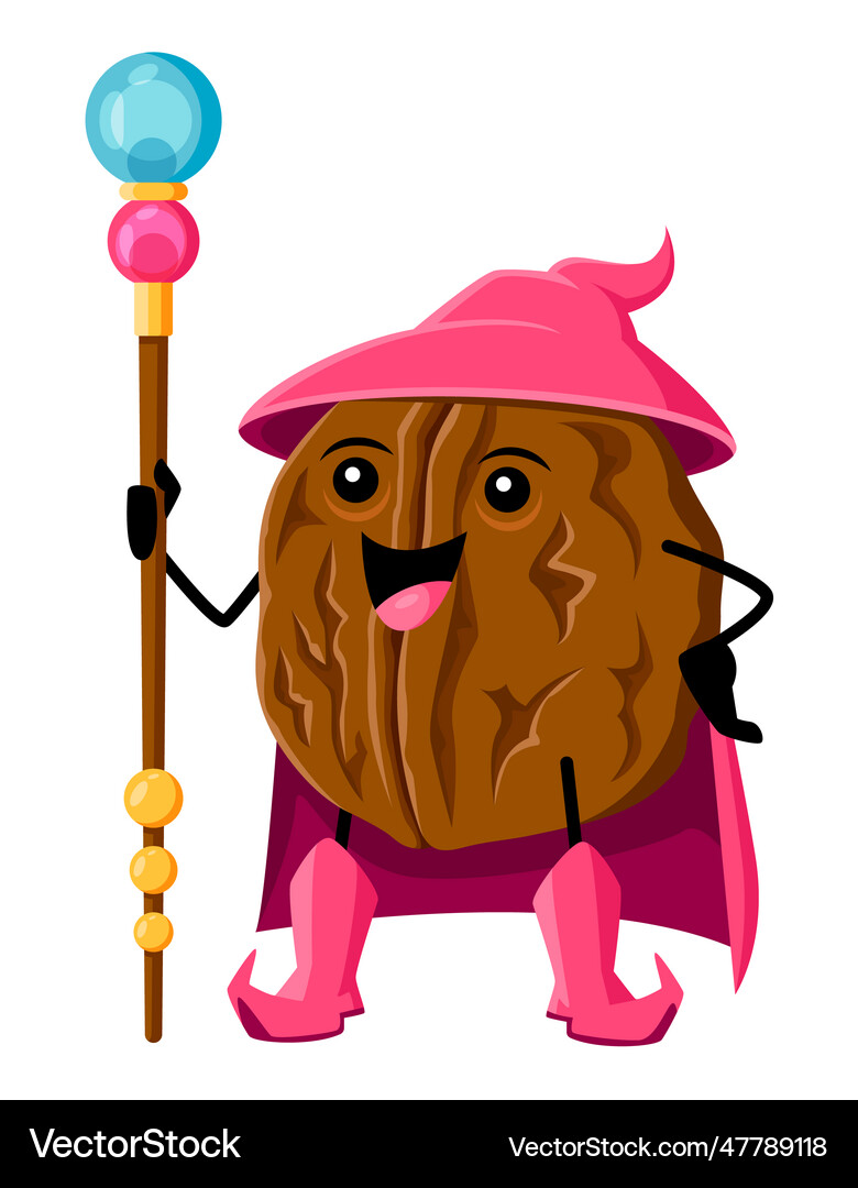 Cartoon walnut nut funny wizard warlock character Vector Image