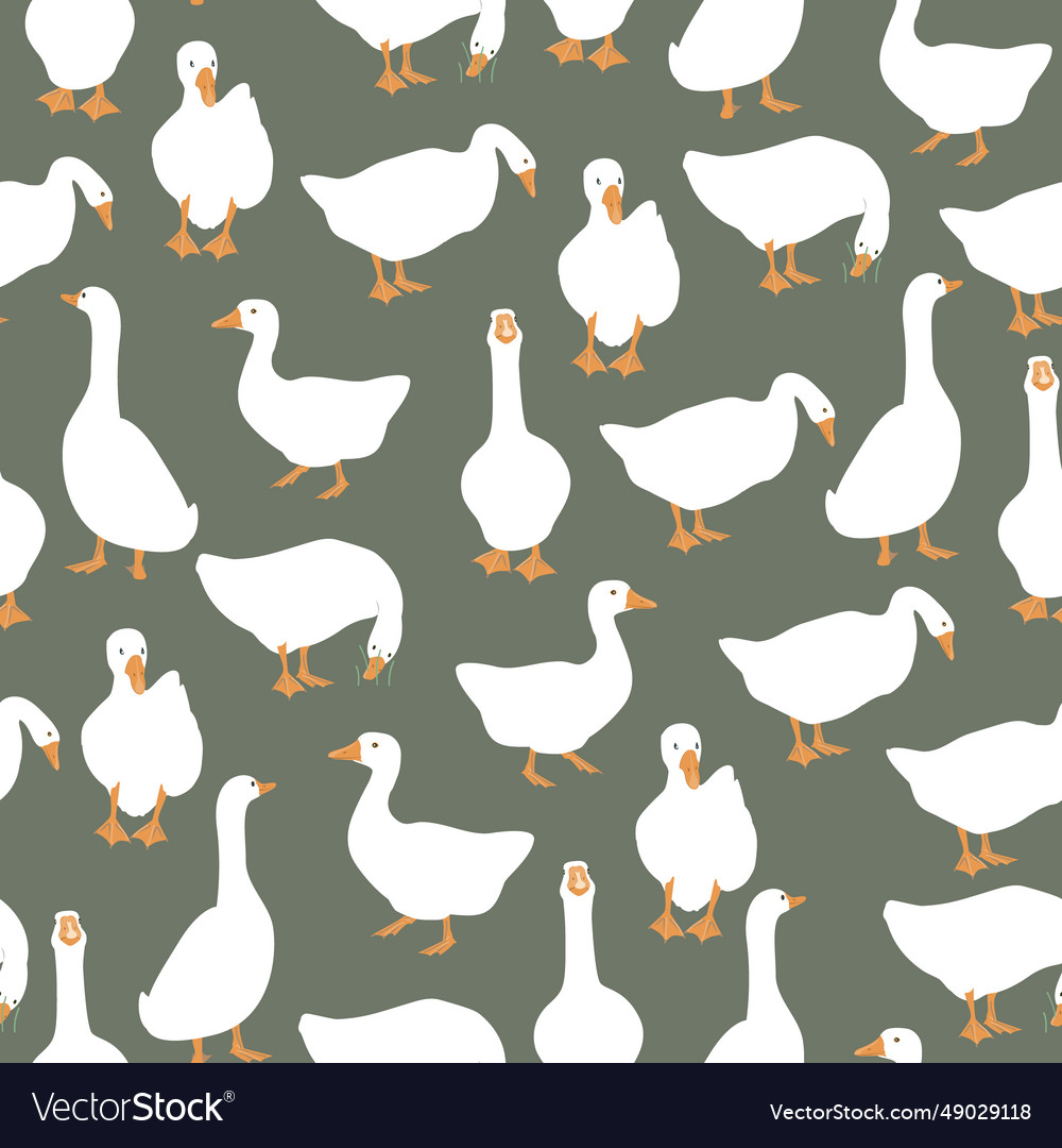 Cute white geese seamless pattern on green Vector Image