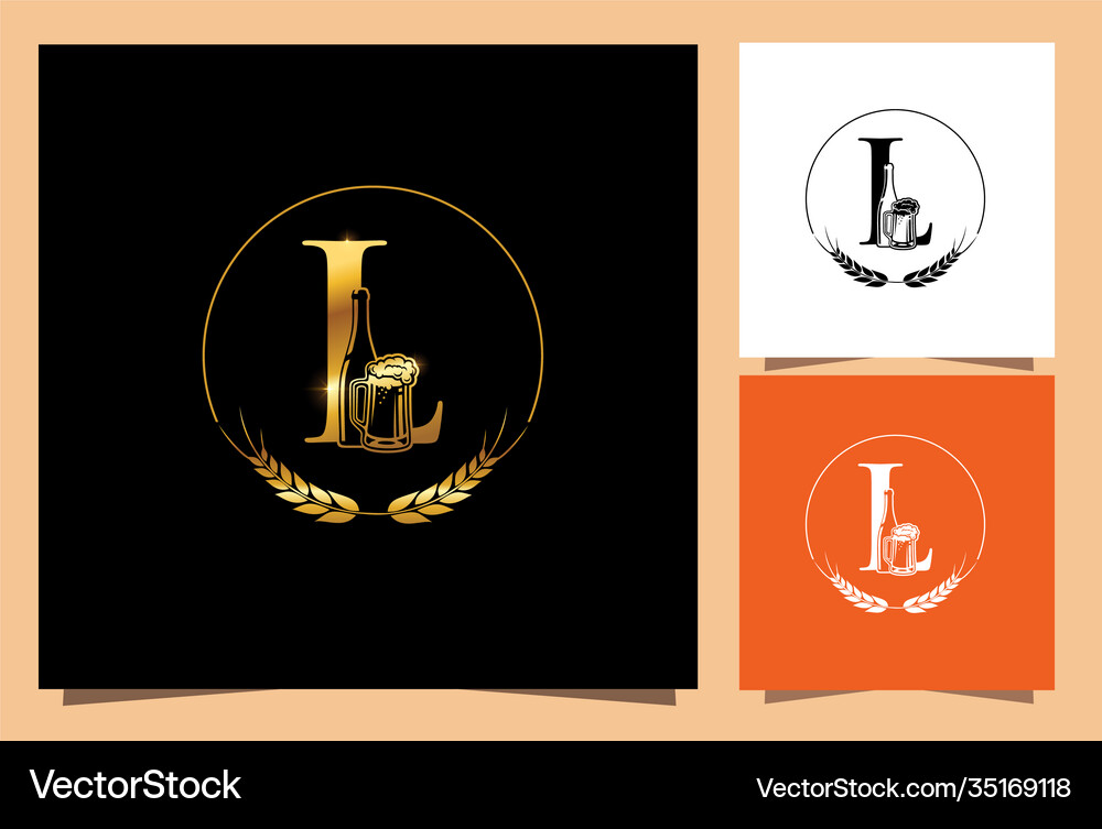 Gold glass and bottle beer monogram initial Vector Image