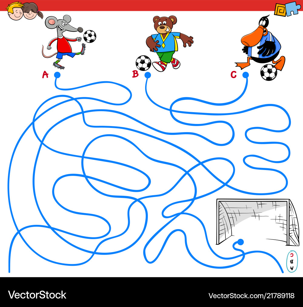 Paths maze game with animals playing soccer Vector Image