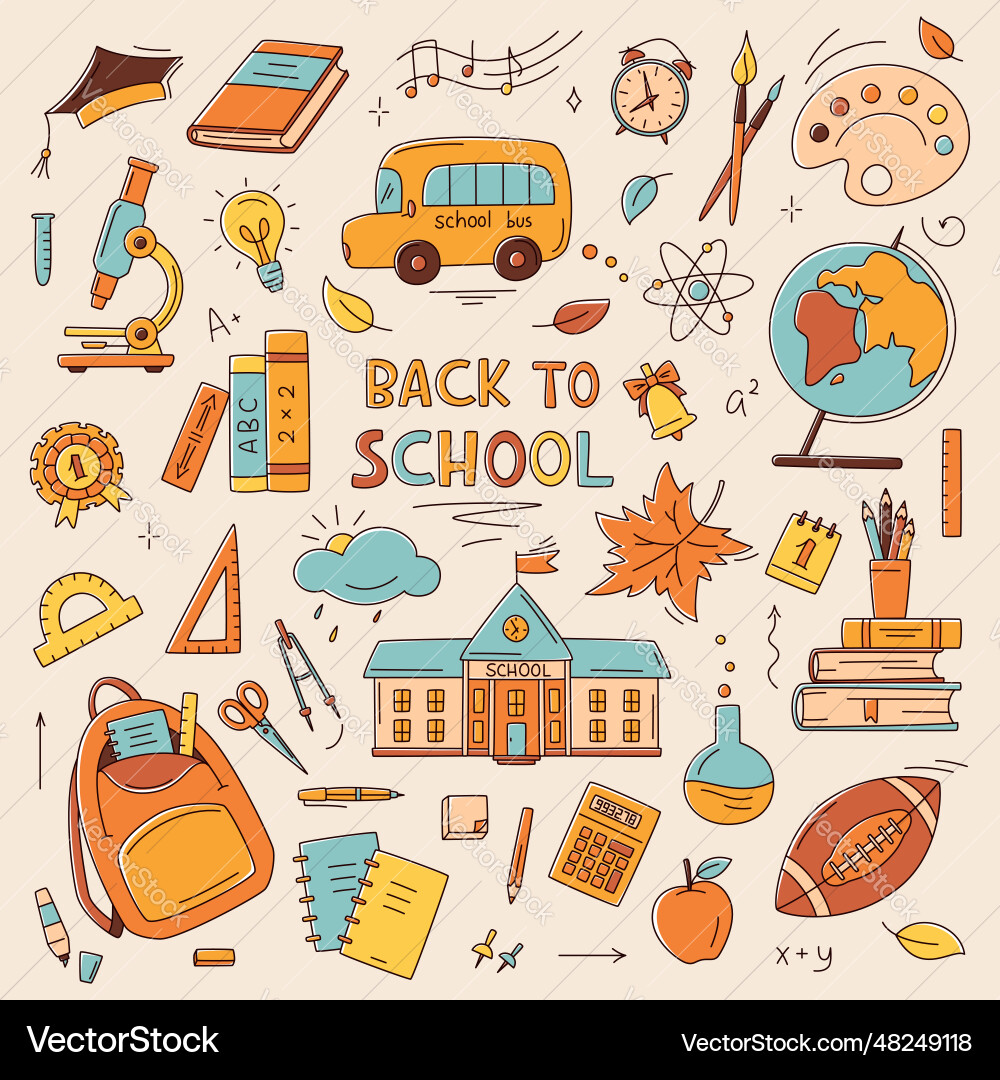 School doodle color collection with bus Royalty Free Vector
