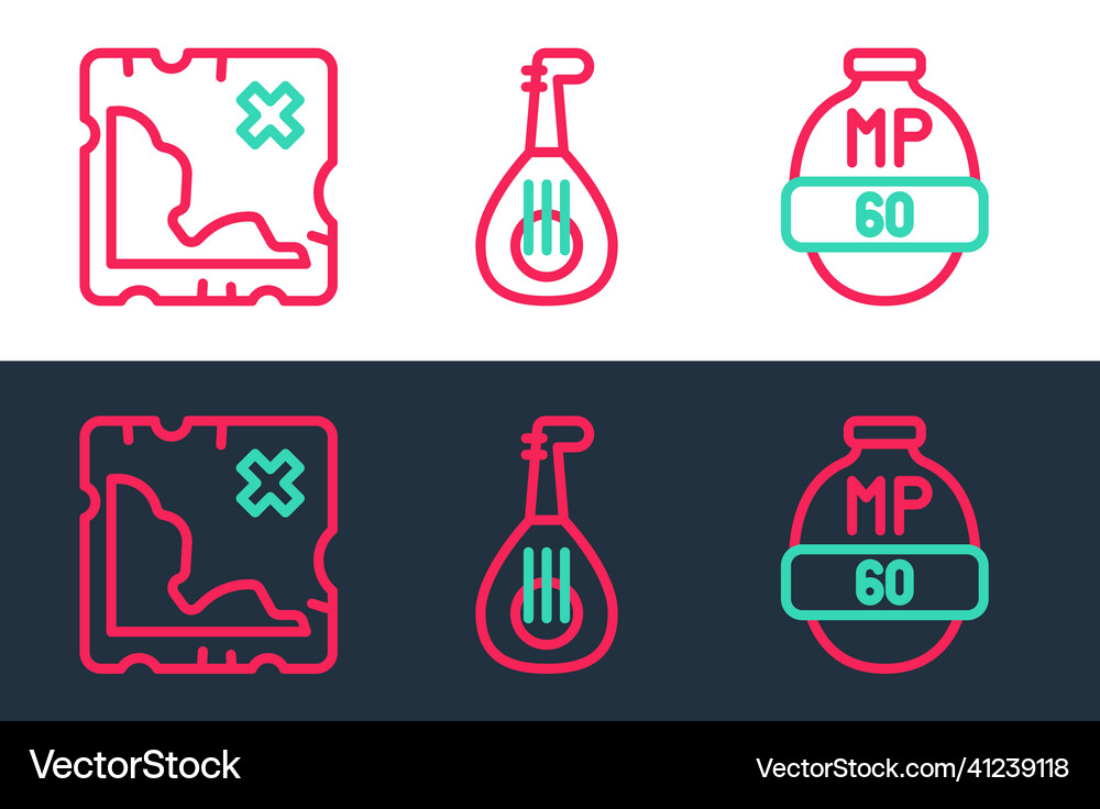 Set line video game bar pirate treasure map Vector Image