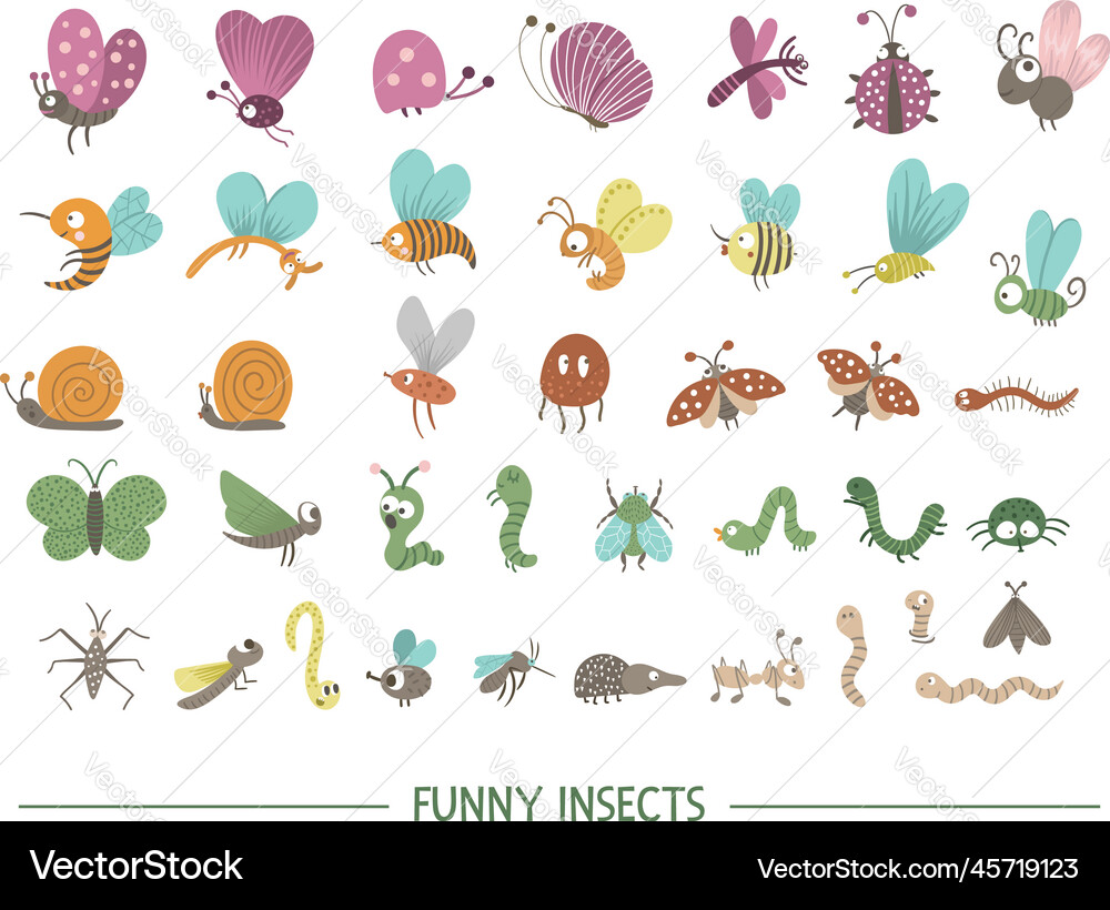 Set of hand drawn flat insects funny bugs Vector Image