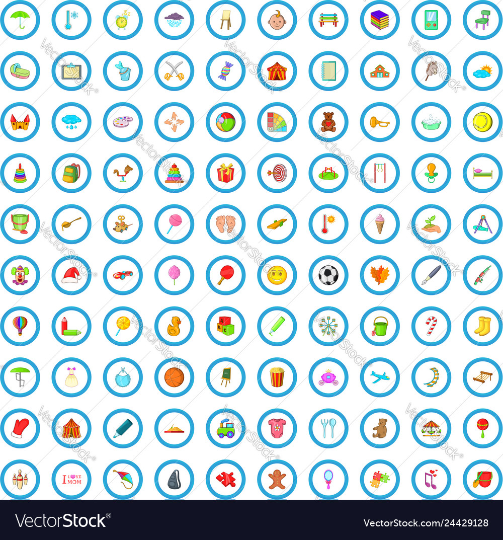 100 kids icons set cartoon style Royalty Free Vector Image