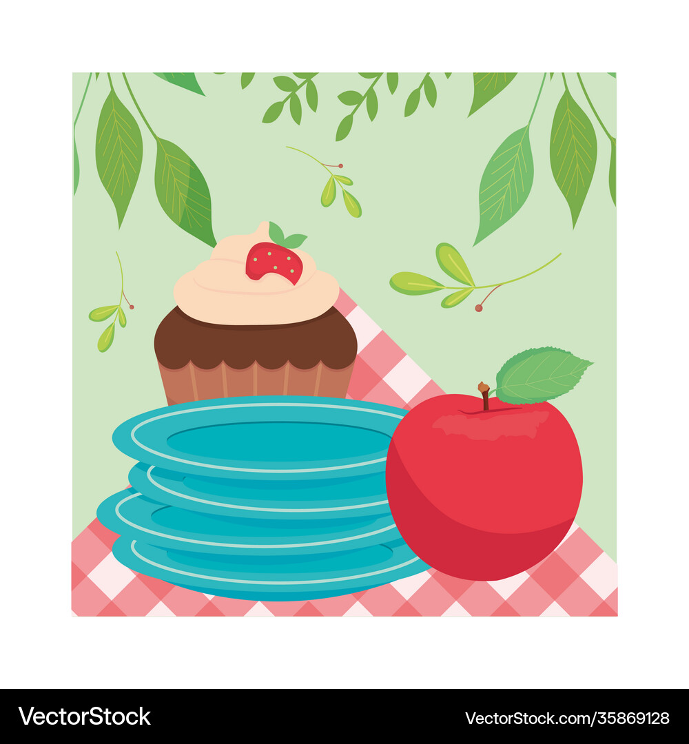 Picnic muffin plates and apple design Royalty Free Vector