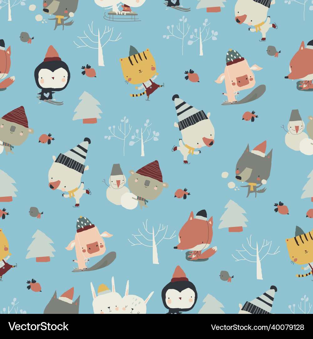 Seamless pattern of cute animals playing winter Vector Image