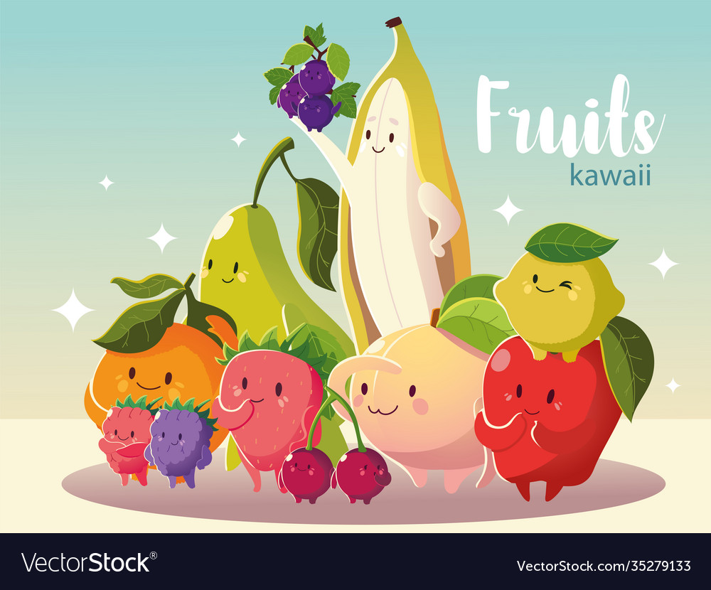 Fruits kawaii funny cute banana apple pear peach Vector Image