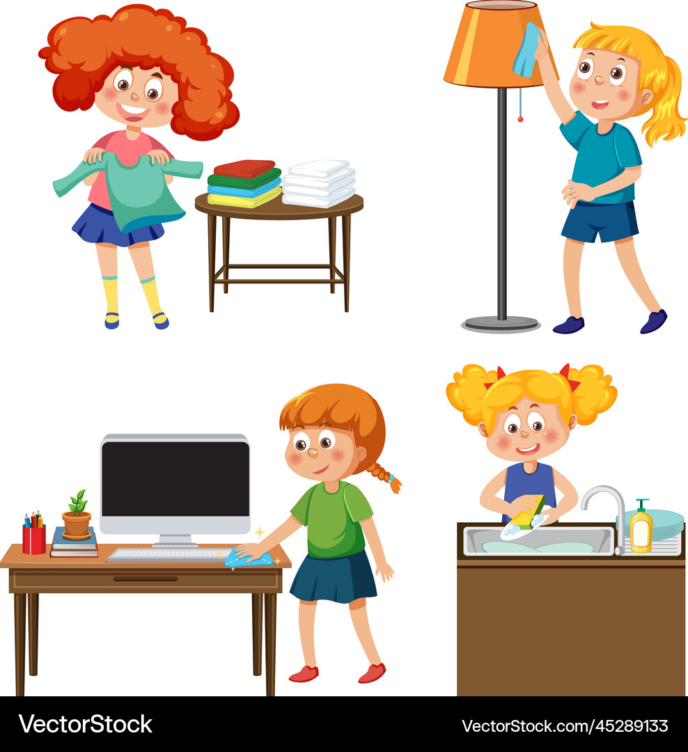 Kids cleaning at home set Royalty Free Vector Image
