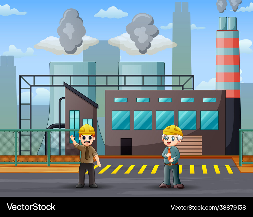 Male workers standing in front factory Royalty Free Vector