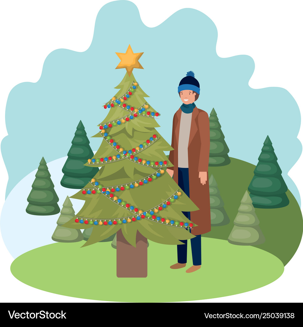 Man with christmas tree in landscape Royalty Free Vector