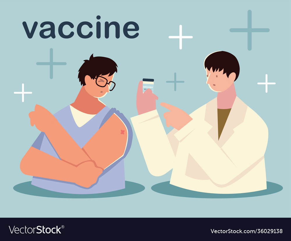 Vaccine doctor with vial and patient character Vector Image