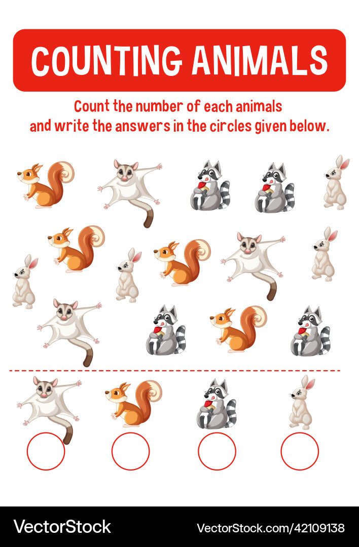 Worksheet design for counting animals Royalty Free Vector